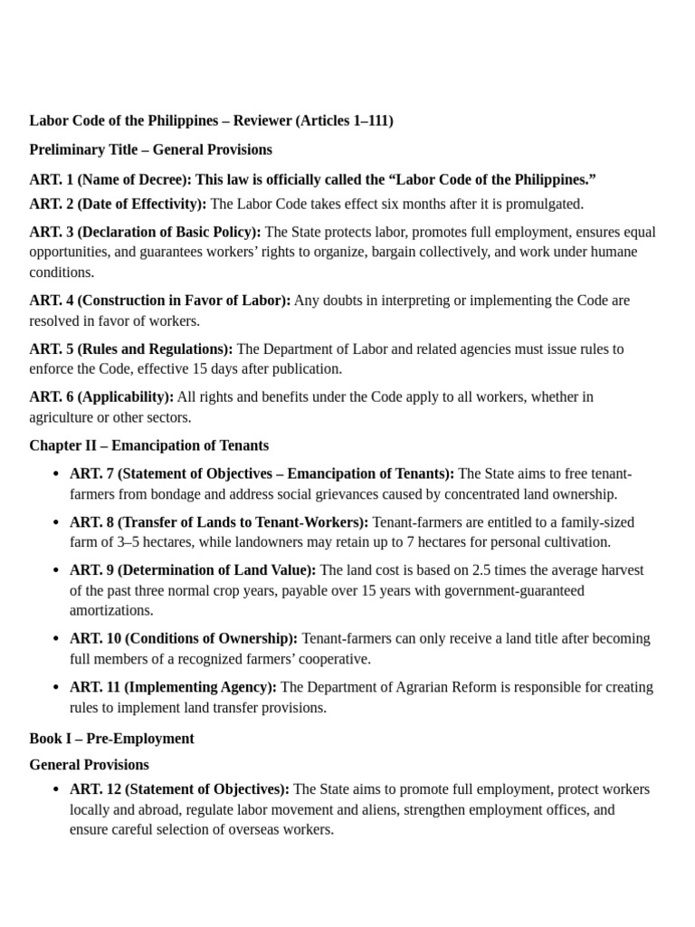 Labor Code of the Philippines Overview | PDF | Employment | Overtime