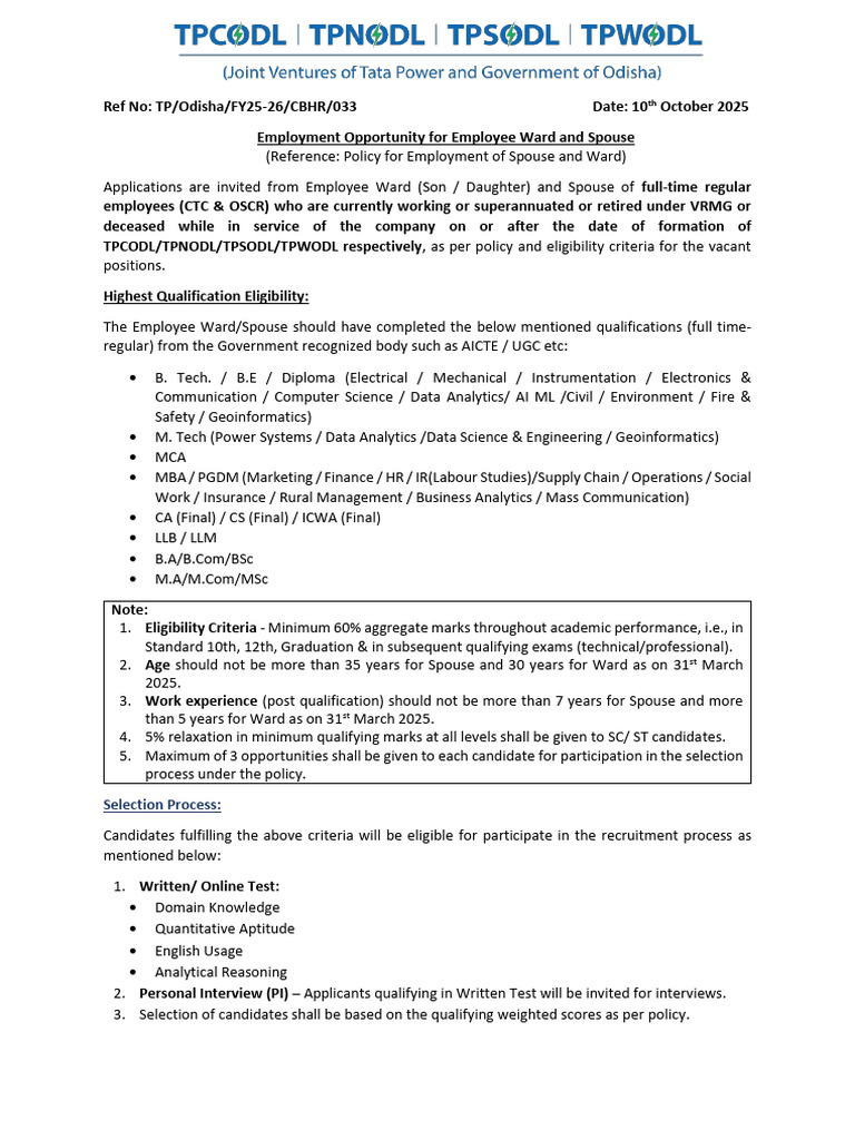 Circular - Employee Ward and Spouse - TP Odisha DISCOMs | PDF ...
