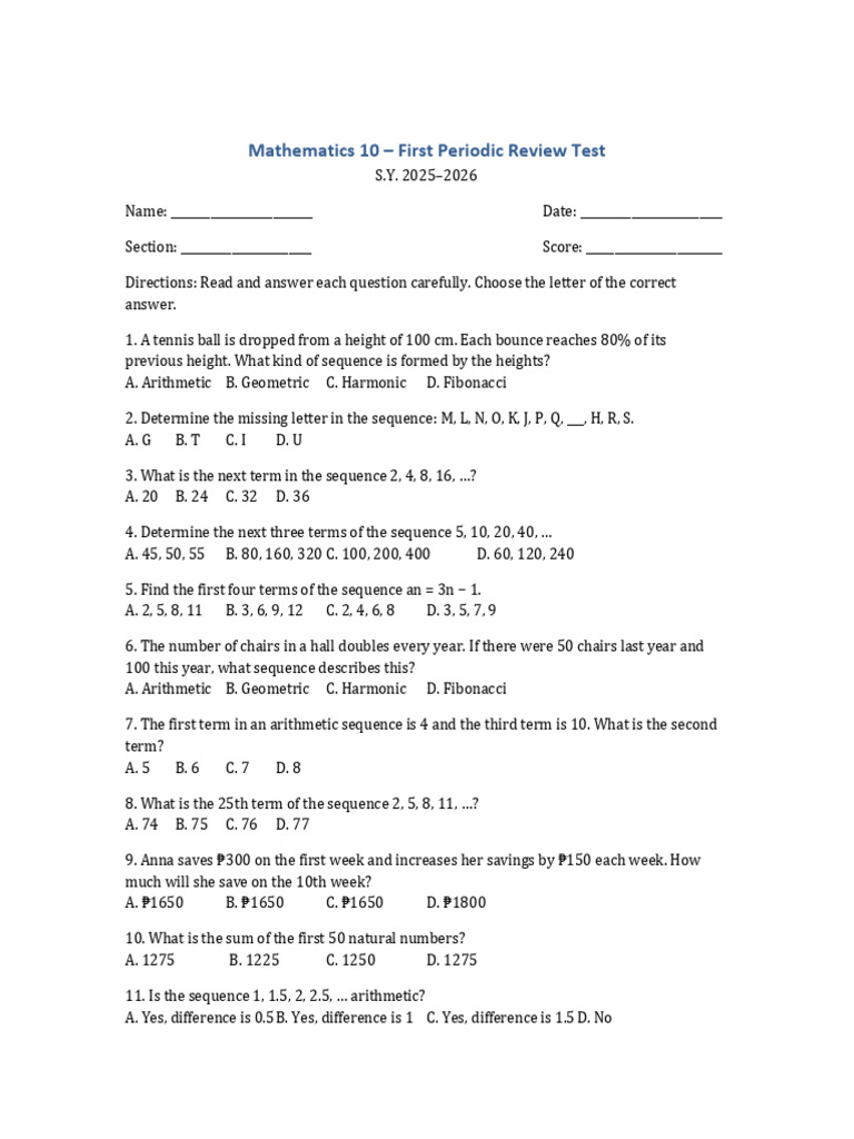 Mathematics 10 Review Test: Sequences | PDF | Number Theory | Arithmetic