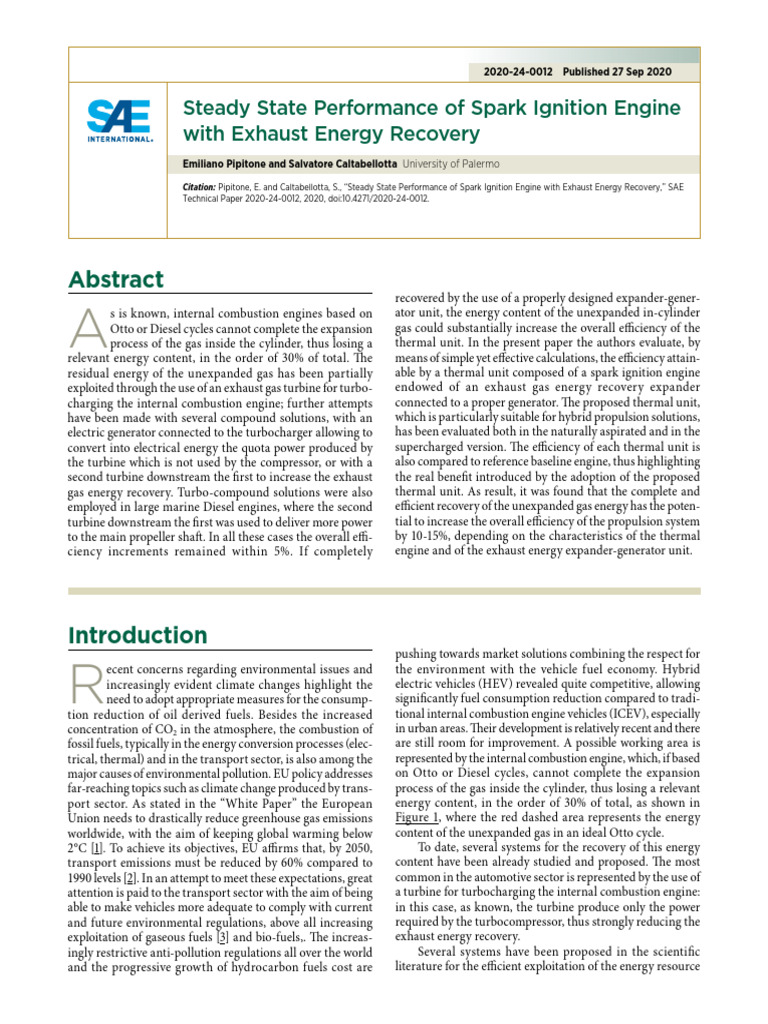 Steady State Performance of Spark Ignition Engine With Exhaust Energy ...