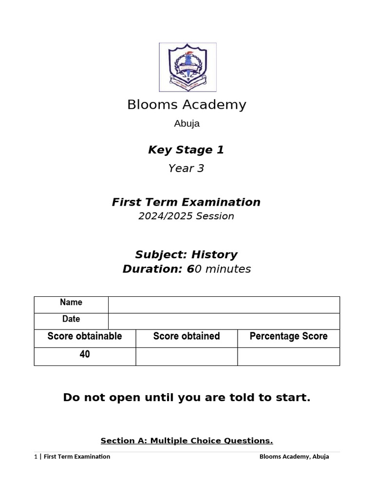 Year 3 History Exam - Blooms Academy | PDF