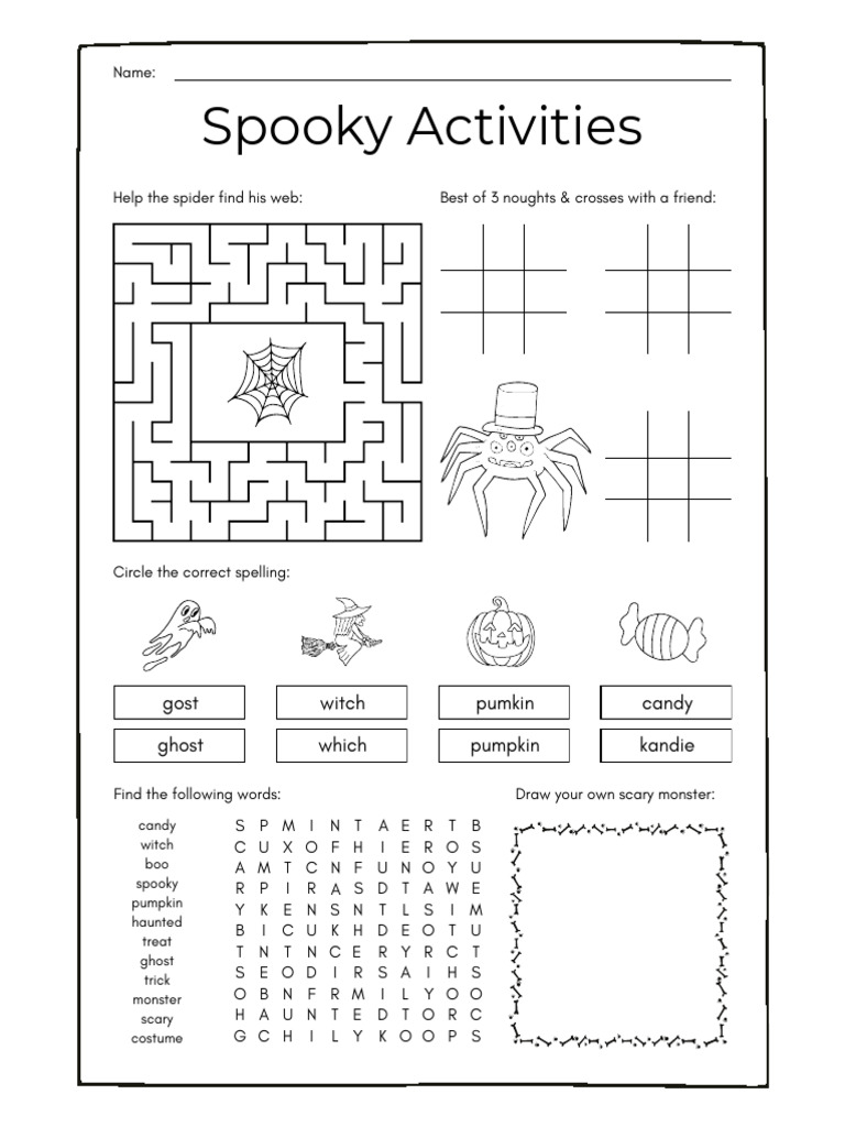 Halloween Activities Worksheet in Greyscale Clean Style | PDF