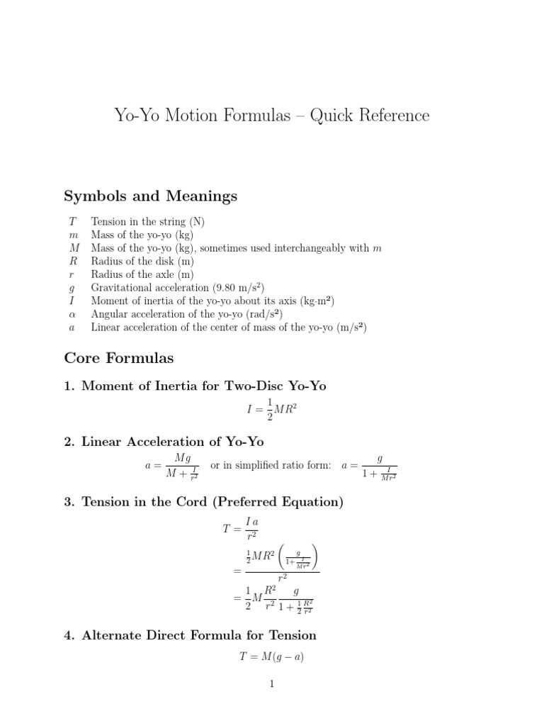 Yo-Yo Motion Formulas Reference Guide | PDF