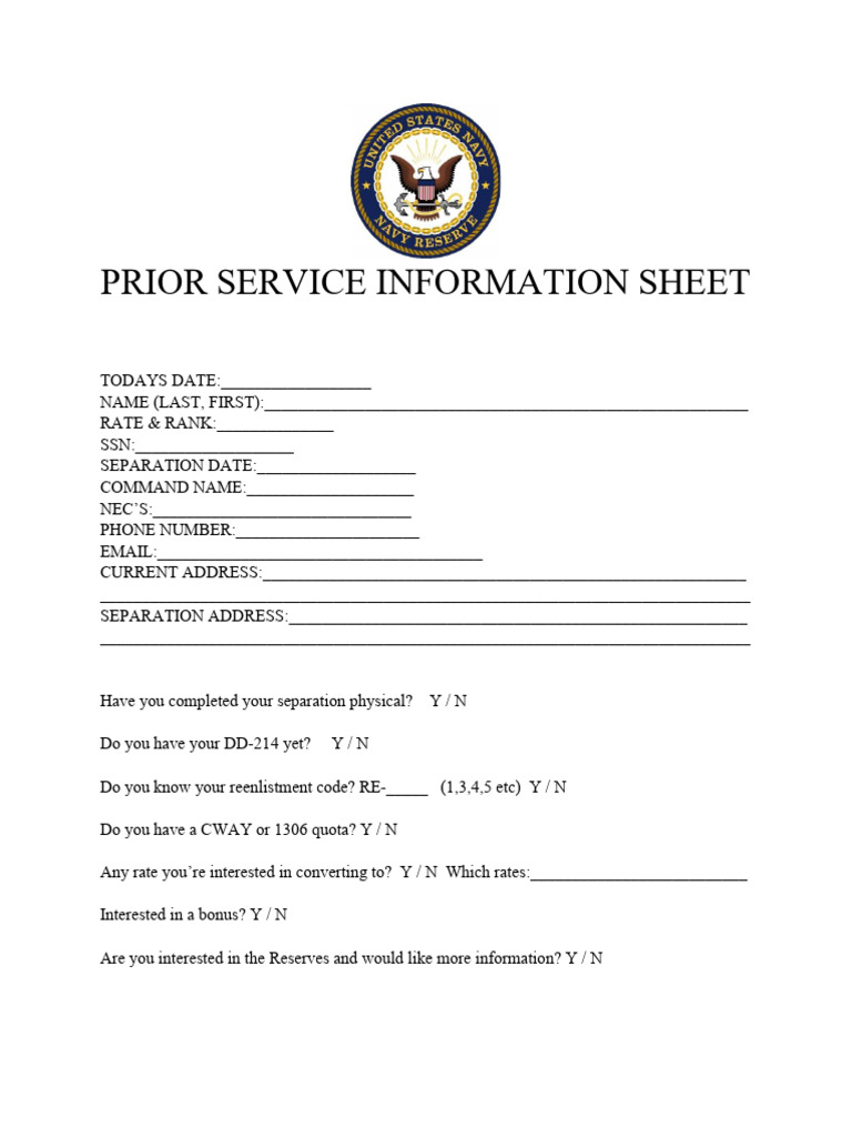 Prior Service Information Sheet Template | PDF