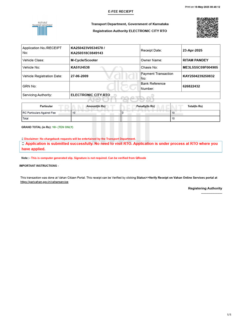 Vahan 4.0 (Citizen Services) Sp-Morth-Ws03 175 8001 | PDF | Receipt