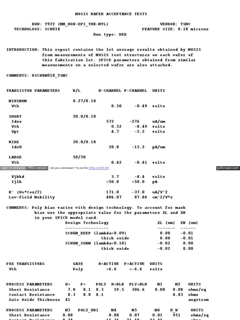 MOSIS WAFER ACCEPTANCE TESTS RUN: T92Y (MM_NON-EPI_THK-MTL | PDF ...