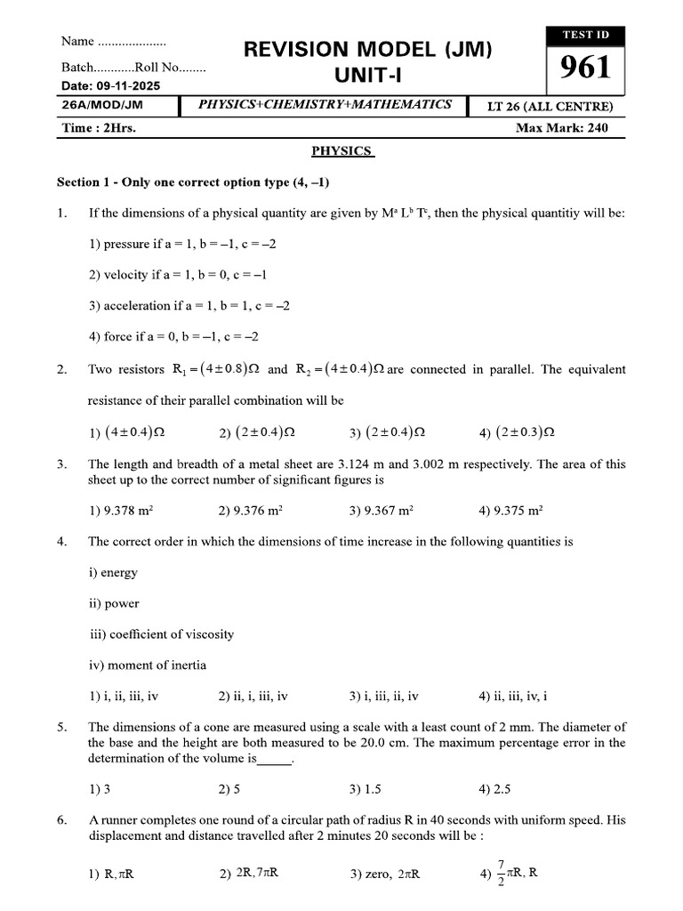 Jee Main Model (Unit - I) 09-11-2025 (Lt26 SP & One Yr) | PDF