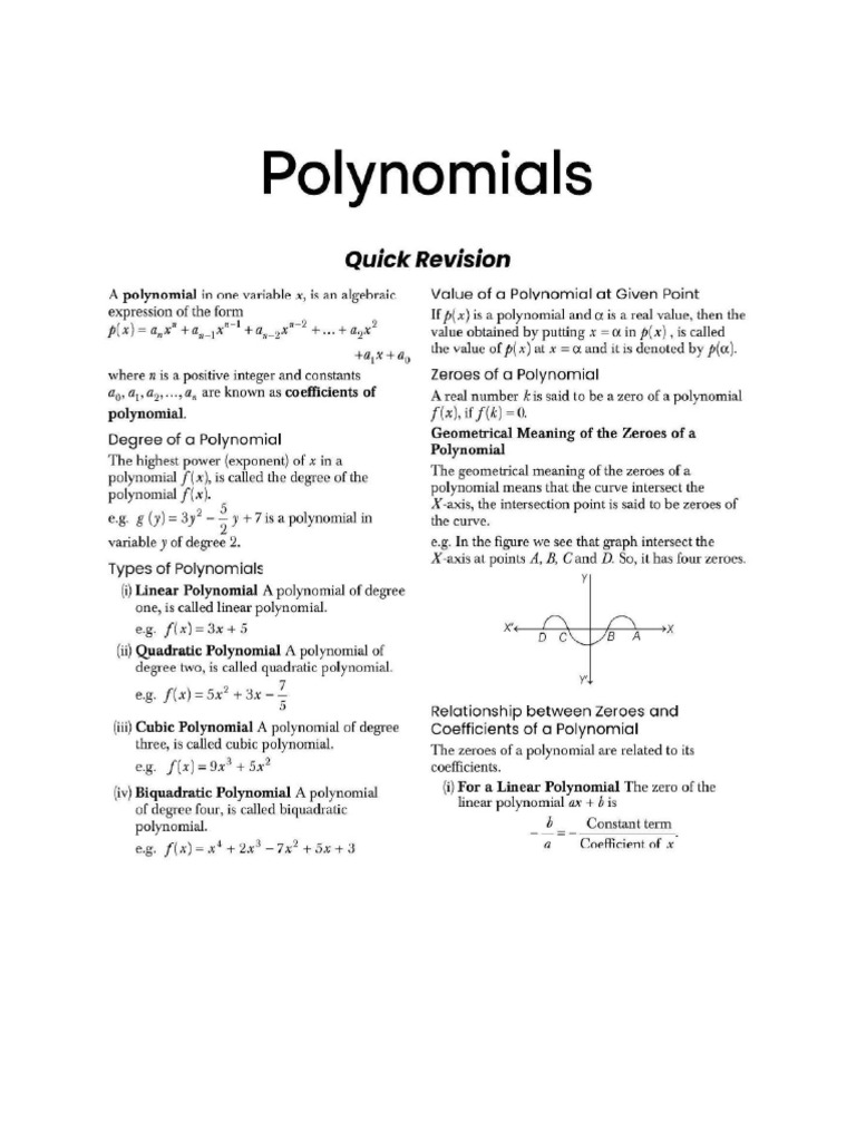 Class 10 Polynomials MCQ Worksheet | PDF