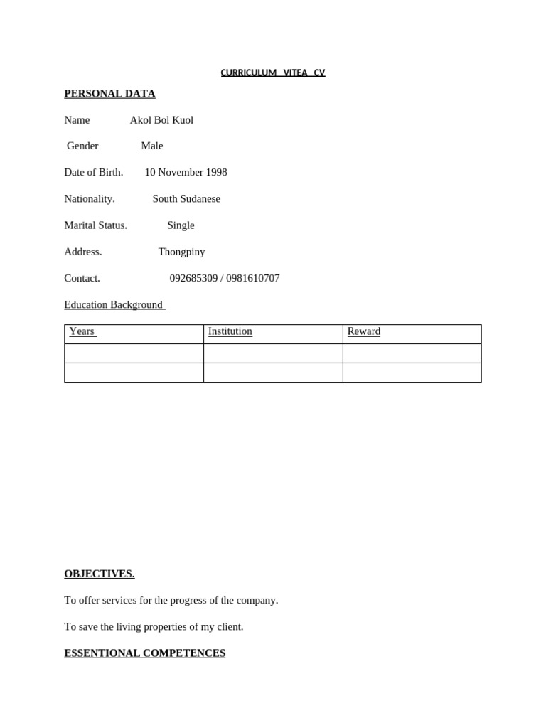 Akol Bol Kuol's CV Summary | PDF