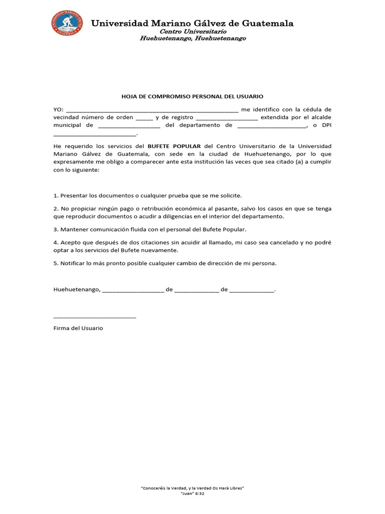 Hoja de Compromiso Personal Del Usuario | PDF