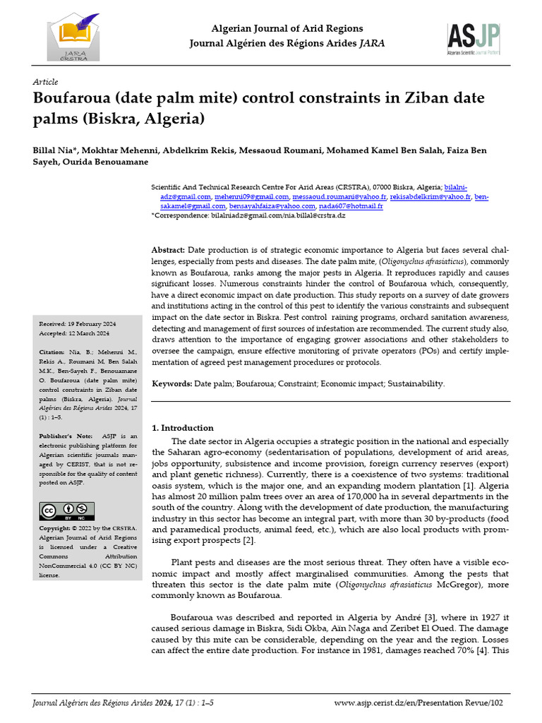 The Date Palm Mite (Boufaroua) Control Constraints and Their Impact on ...