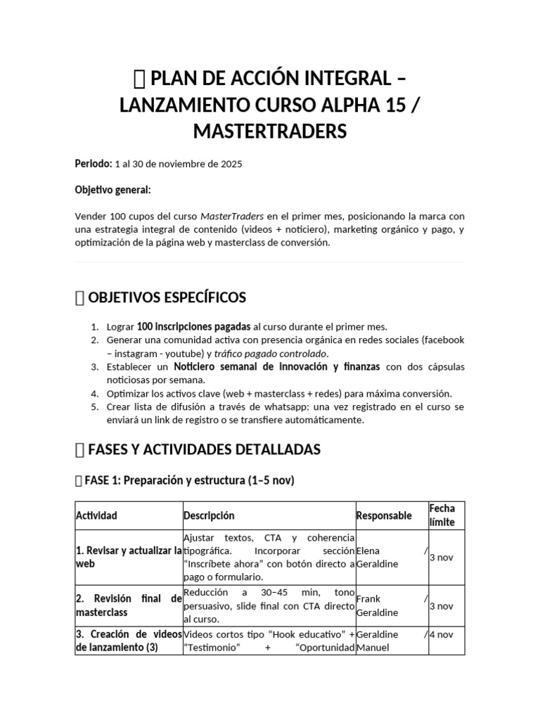 ? Plan de Acción Integral - Lanzamiento Curso Alphatrain ...