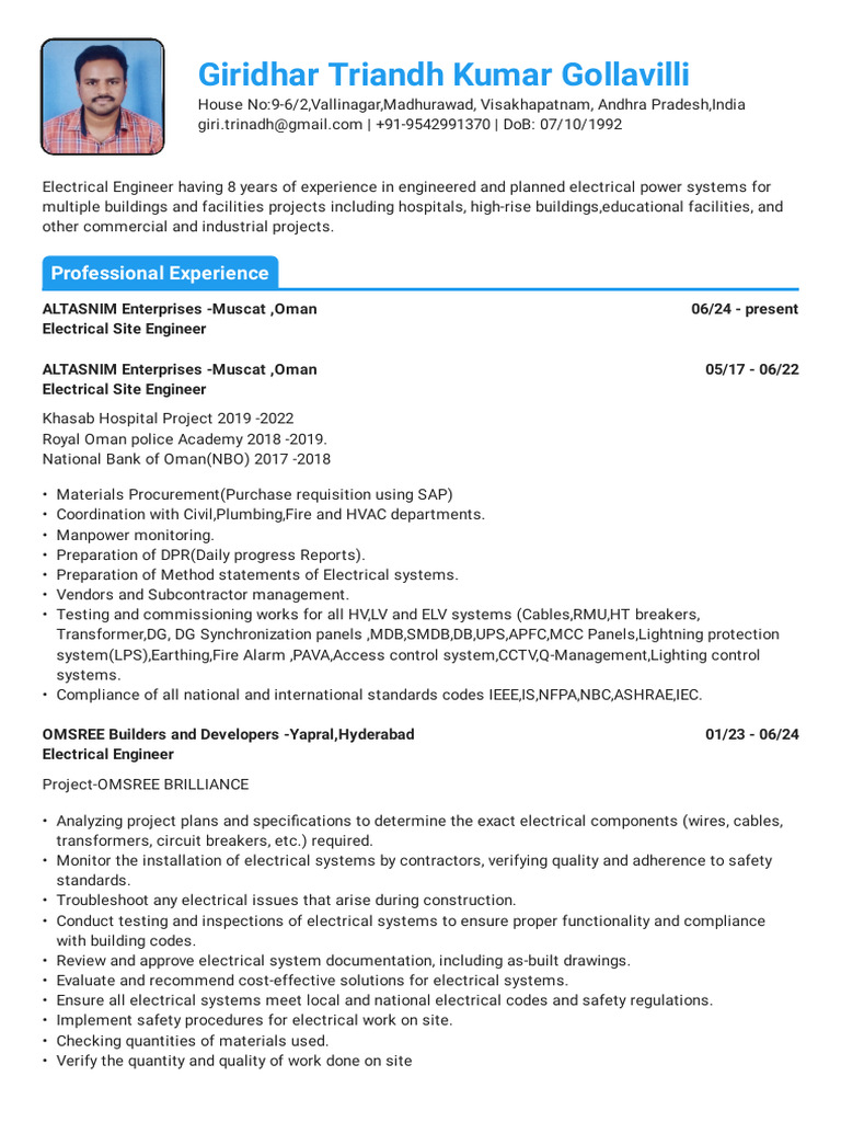 Giridhar Triandh Kumar Gollavilli - CV (1) | PDF | Electricity ...