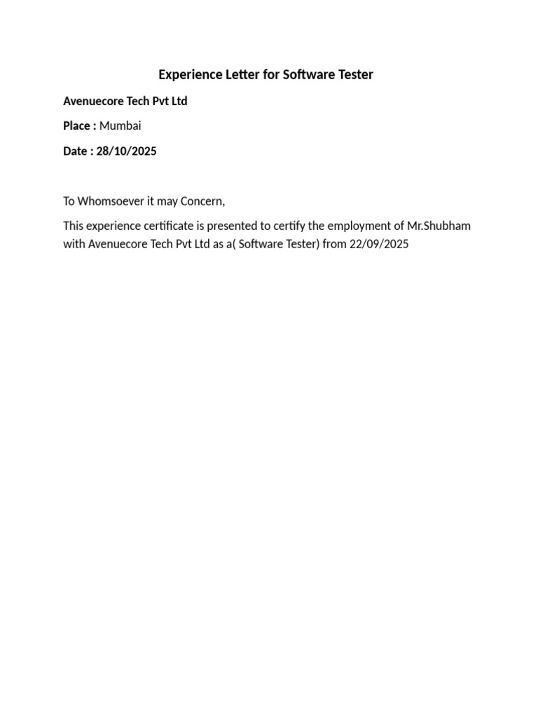 Experience Letter for Software Tester | PDF