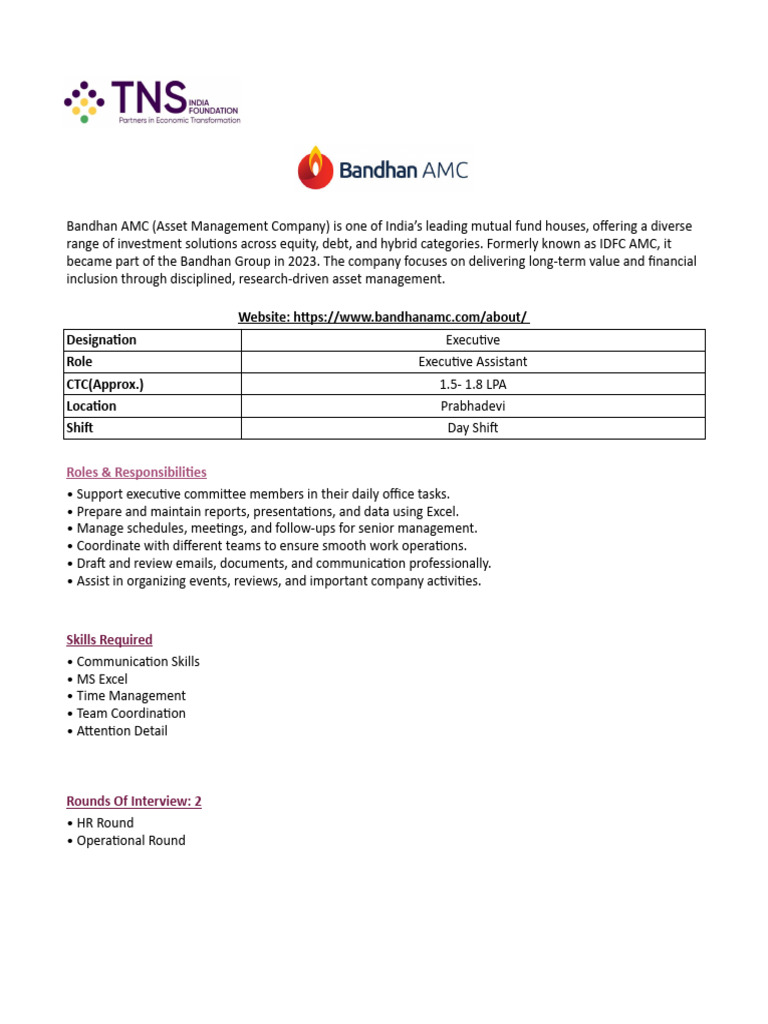 JD of Bandhan AMC | PDF