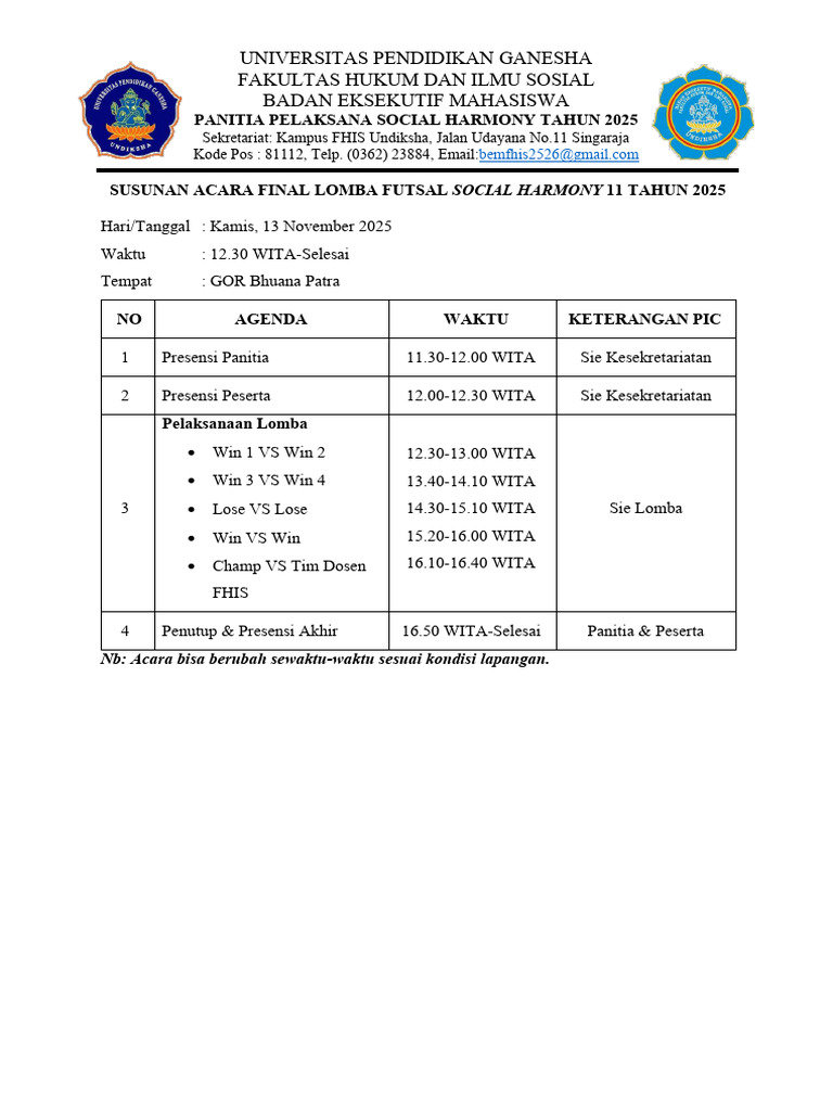 Jadwal Lomba Futsal Social Harmony 2025 | PDF