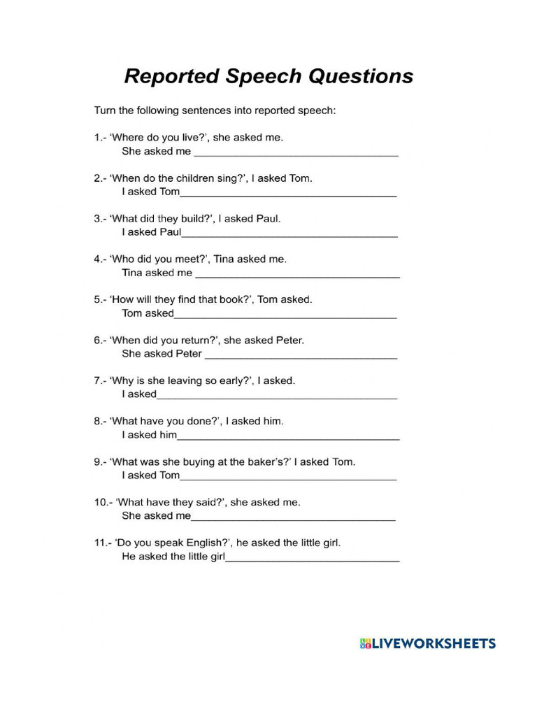 Worksheet - Reported Speech Questions | PDF