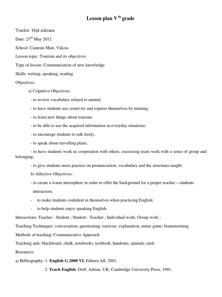 Tourism Lesson Plan for V Grade | PDF | Lesson Plan | Teachers