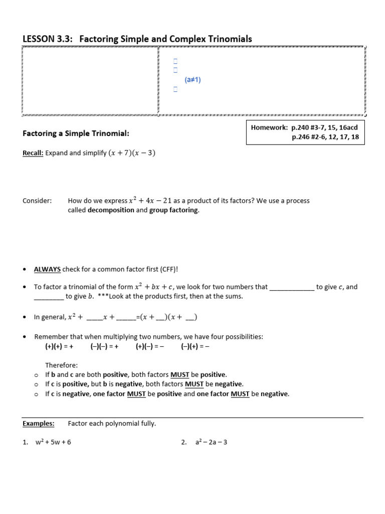 3.3 - Factoring Simple and Complex Trinomials | PDF | Polynomial ...