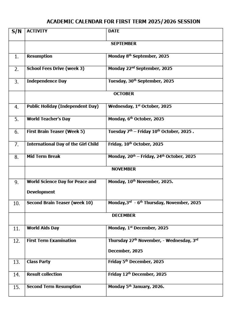 First Term Academic Calendar 2025/2026 | PDF