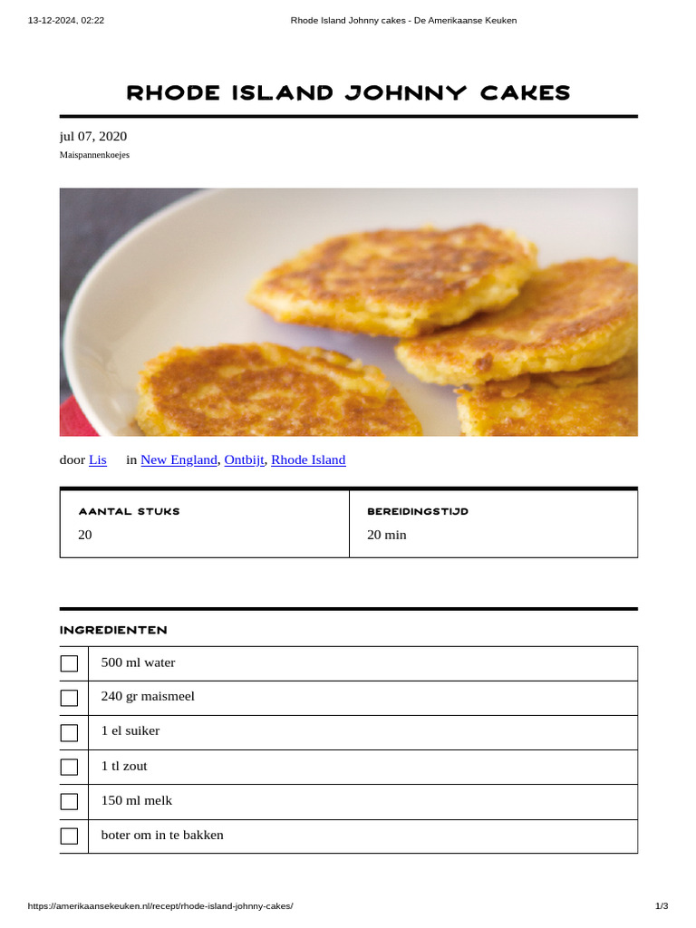 Rhode Island Johnny Cakes - de Amerikaanse Keuken | PDF