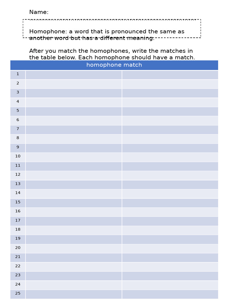 Homophone Matching Sheet | PDF