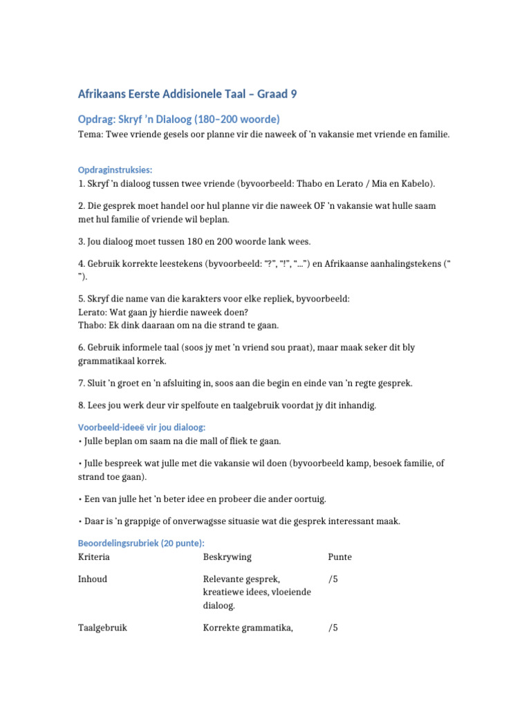 Graad 9 Afrikaans FAL Dialoog Opdrag | PDF