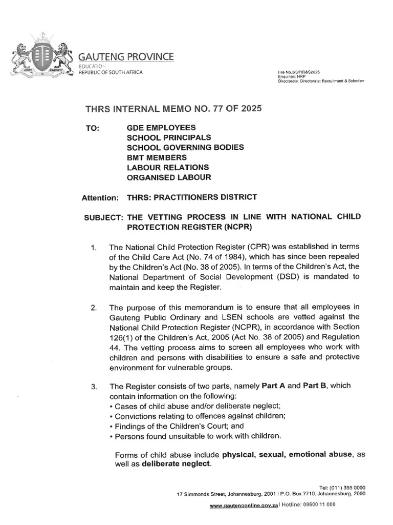 Memo 77 of 2025 - The Vetting Process in Line With National Child ...