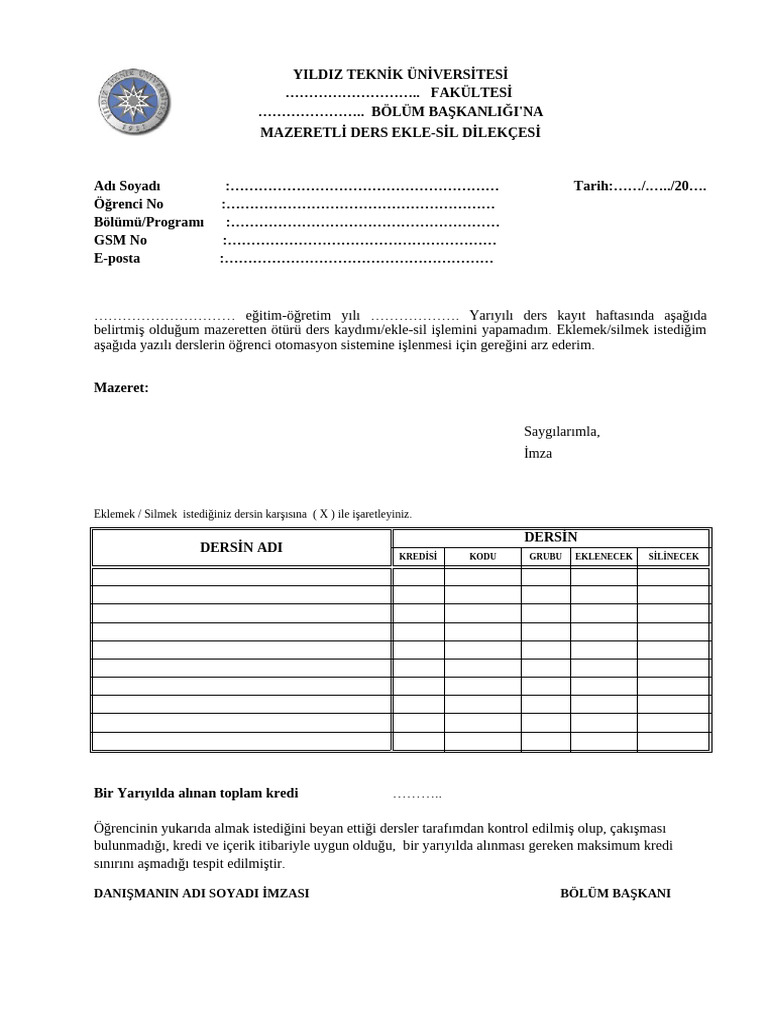 FR 0531 Mazeretli Ders Ekle Sil Dilekçesi(1) | PDF