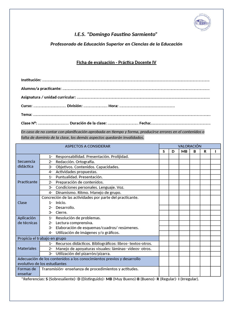 Ficha Evaluación de Clase Practica Docente IV | PDF | Maestros | Cognición