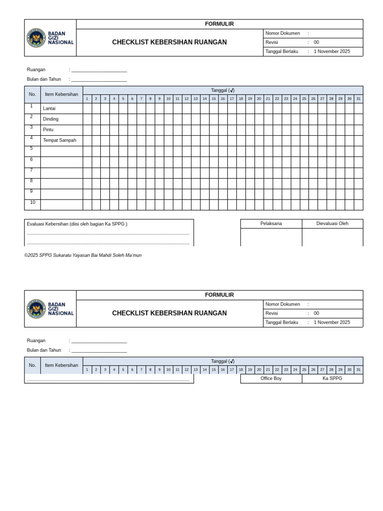 Checklist Kebersihan Ruangan 2025 | PDF