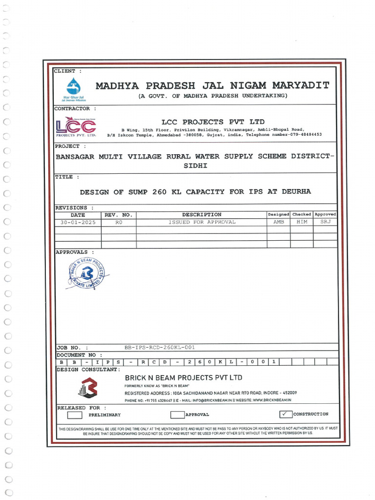 Design of Sump 260 KL Capacity For Ips at Deurha | PDF