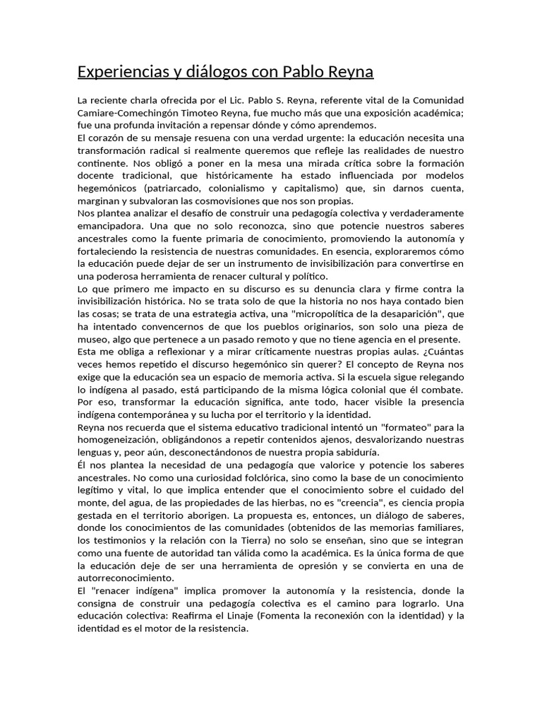 Experiencias y Diálogos Con Pablo Reyna | PDF | Conocimiento | Testimonio