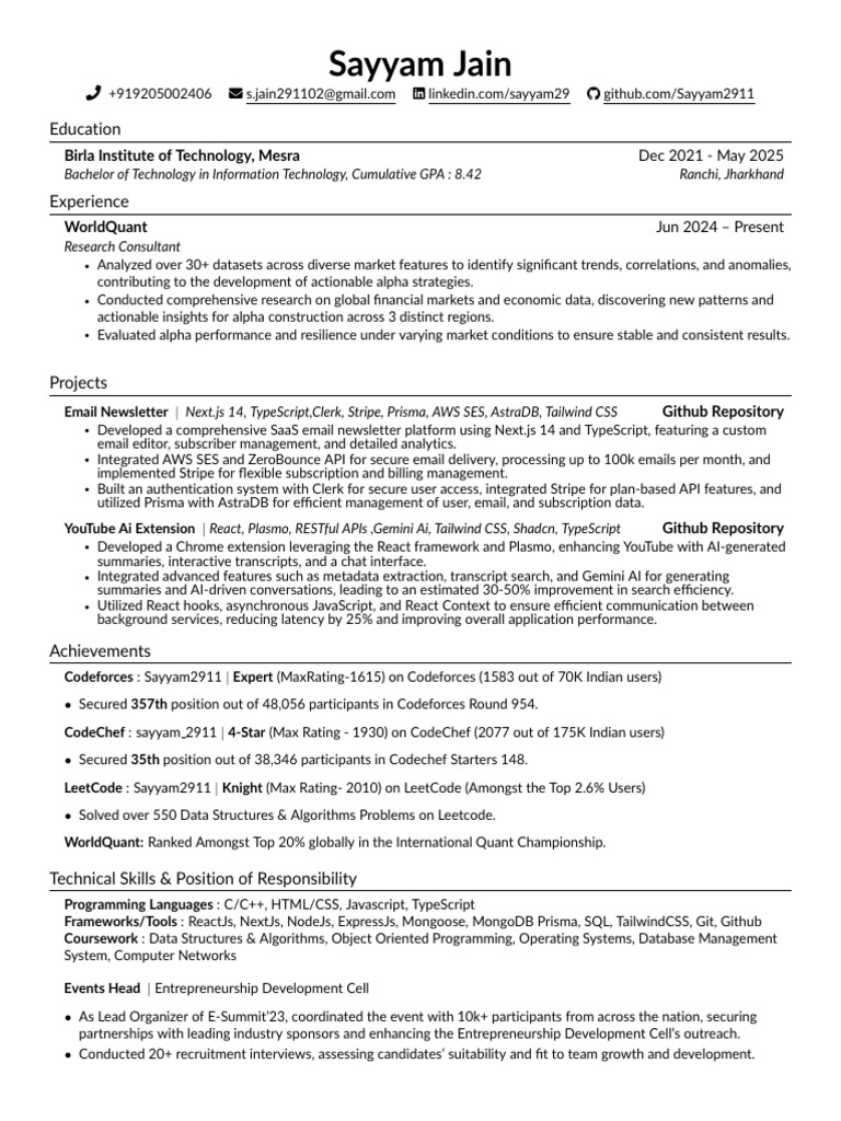 Sayyam Jain CV | PDF | Software Development | Computing