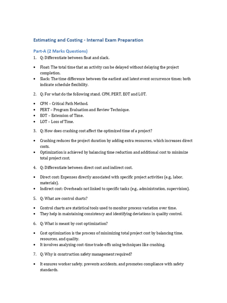 Internal Exam Prep: Estimating & Costing | PDF | Applied Mathematics