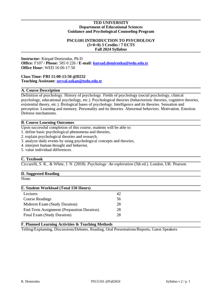 PSCG101 Syllabus Fall2024 v.2 | PDF | Plagiarism | Psychology
