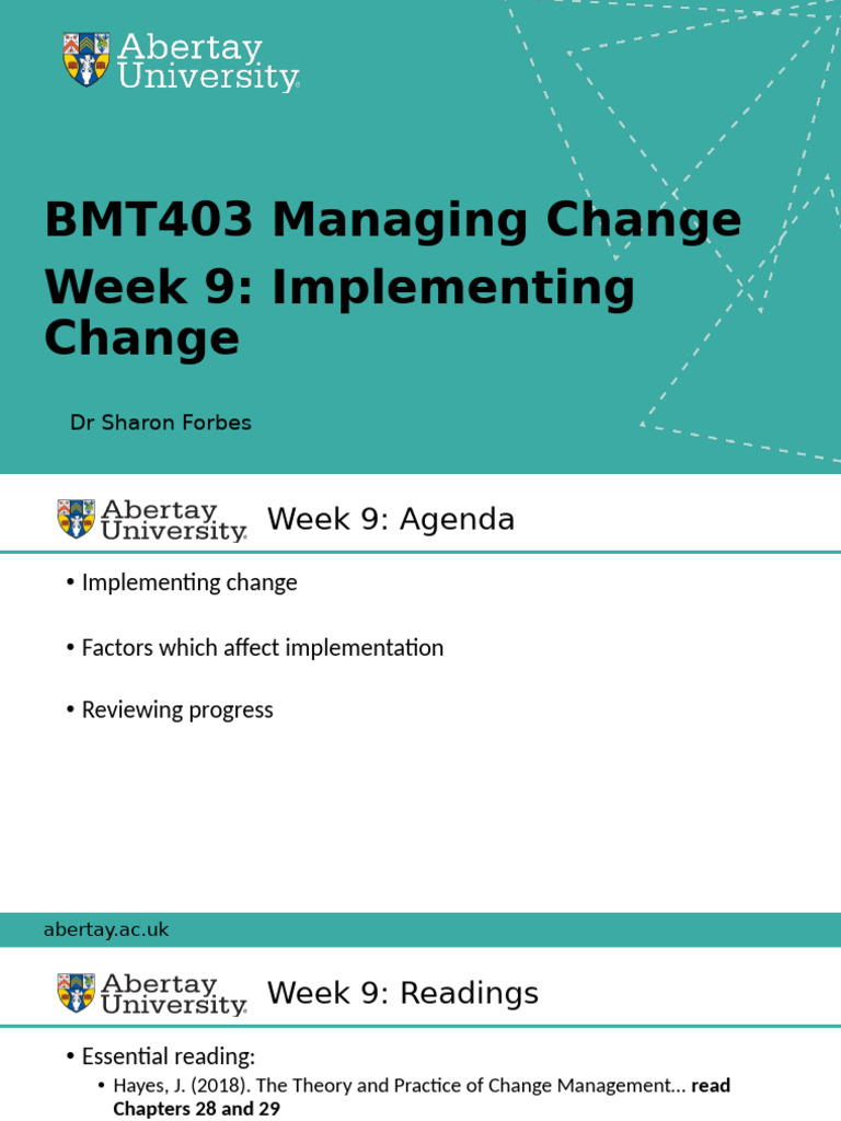 BMT403 Week 9 Lecture - Implementing Change | PDF