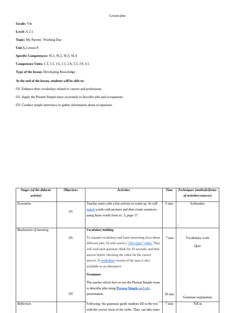 UNIT 1 - Lesson 8 - My Parents' Working Day | PDF | Vocabulary ...