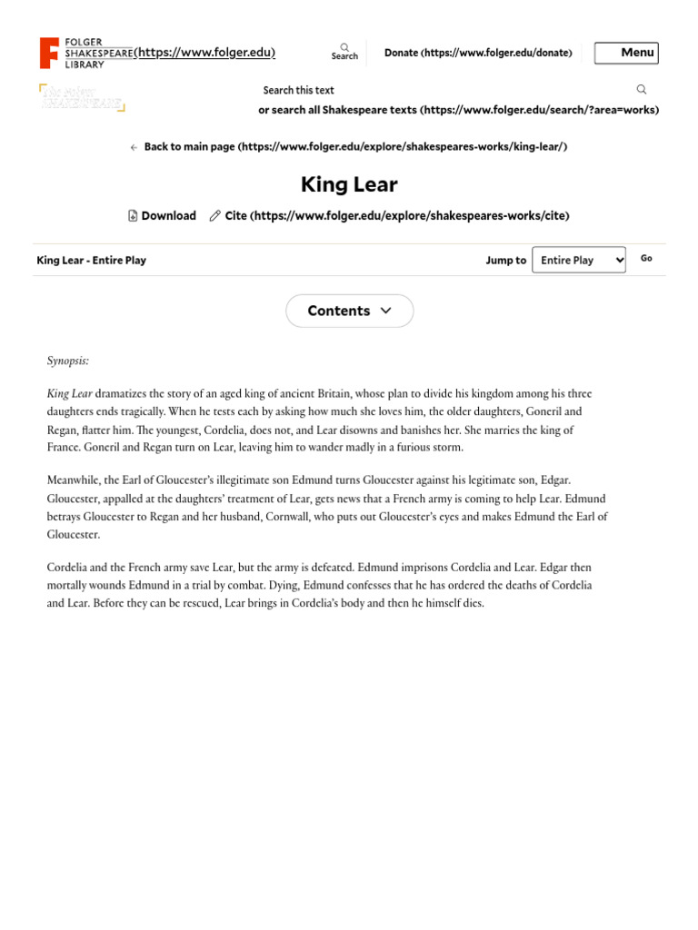 King Lear - Entire Play From Folger Shakespeare Library | PDF | King ...