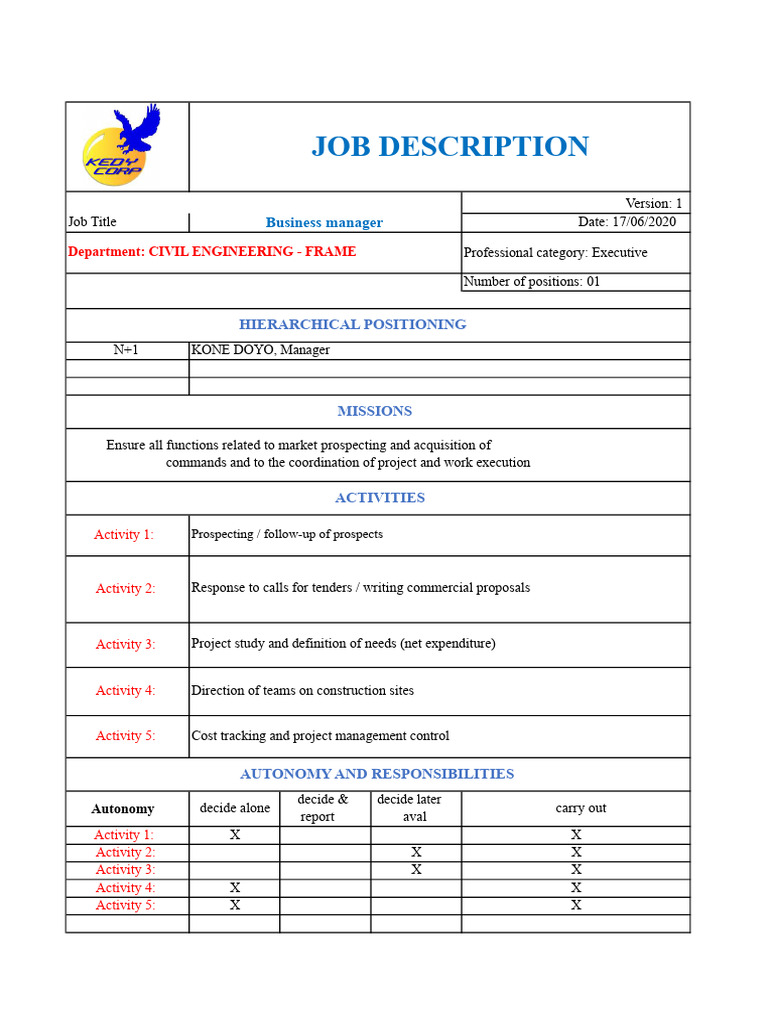 Job Description For Civil Engineering Business Manager For Structural ...