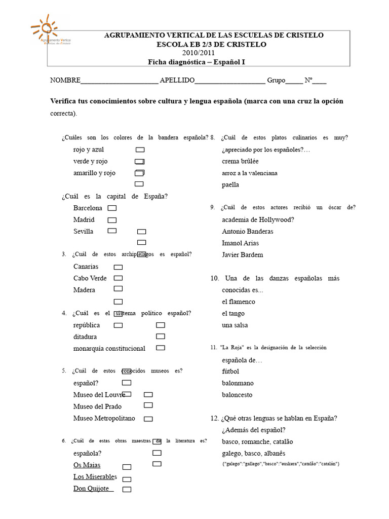 Prueba Diagnóstica 7º - Español 10 - 11 | PDF | España