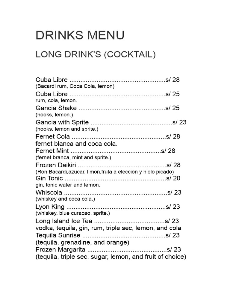 Drink Menu | PDF | Drink | Alcoholic Beverages