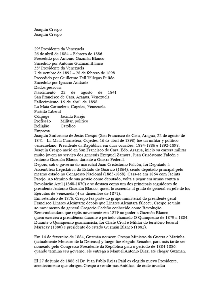 Joaquín Crespo | PDF | Venezuela | República