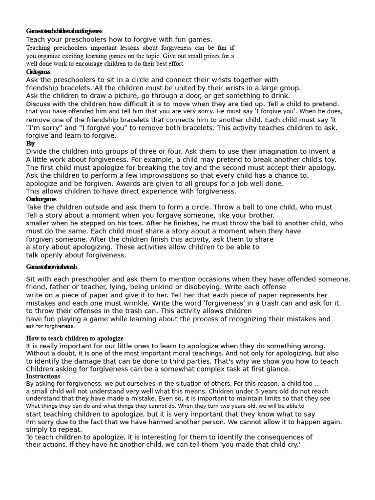 Forgiveness Games for Preschoolers | PDF | Forgiveness | Behavioural ...