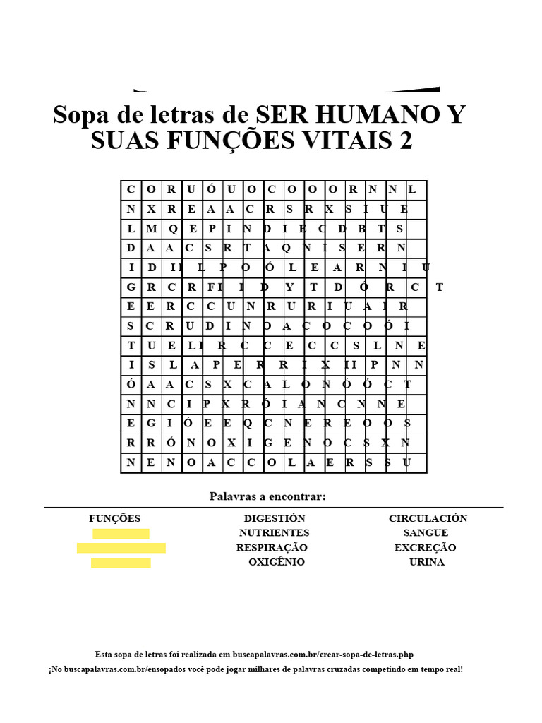 Sopa de Letras: Funções Vitais do Ser Humano | PDF | Biologia | Fisiologia