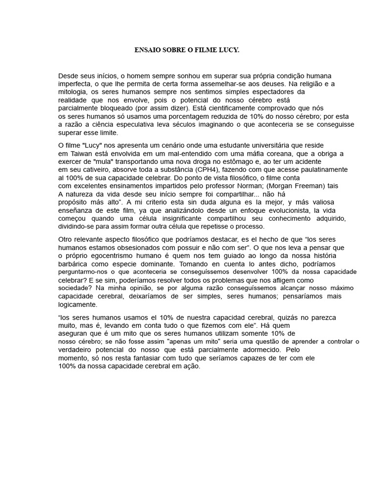 ENSAIO SOBRE O FILME LUCY | PDF | Cérebro | Humano