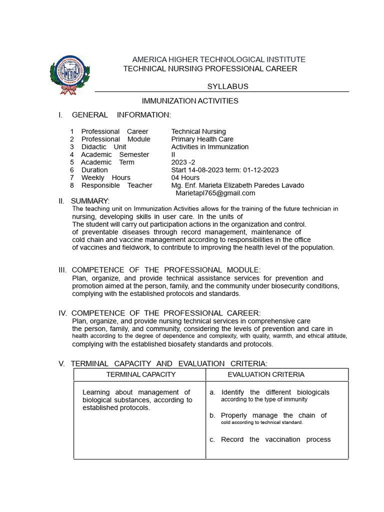 Syllabus Activities in Immunization | PDF | Information | Vaccines