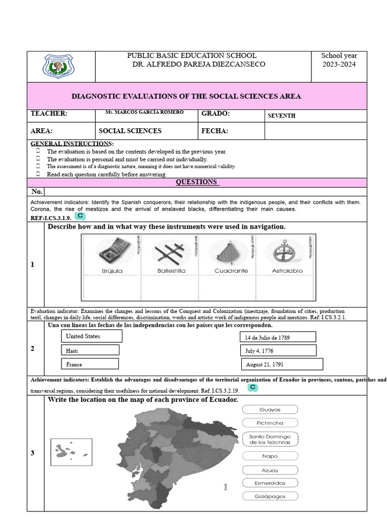 7TH - CCSS - DIAGNOSTIC EVALUATION | PDF | Ecuador | Andes