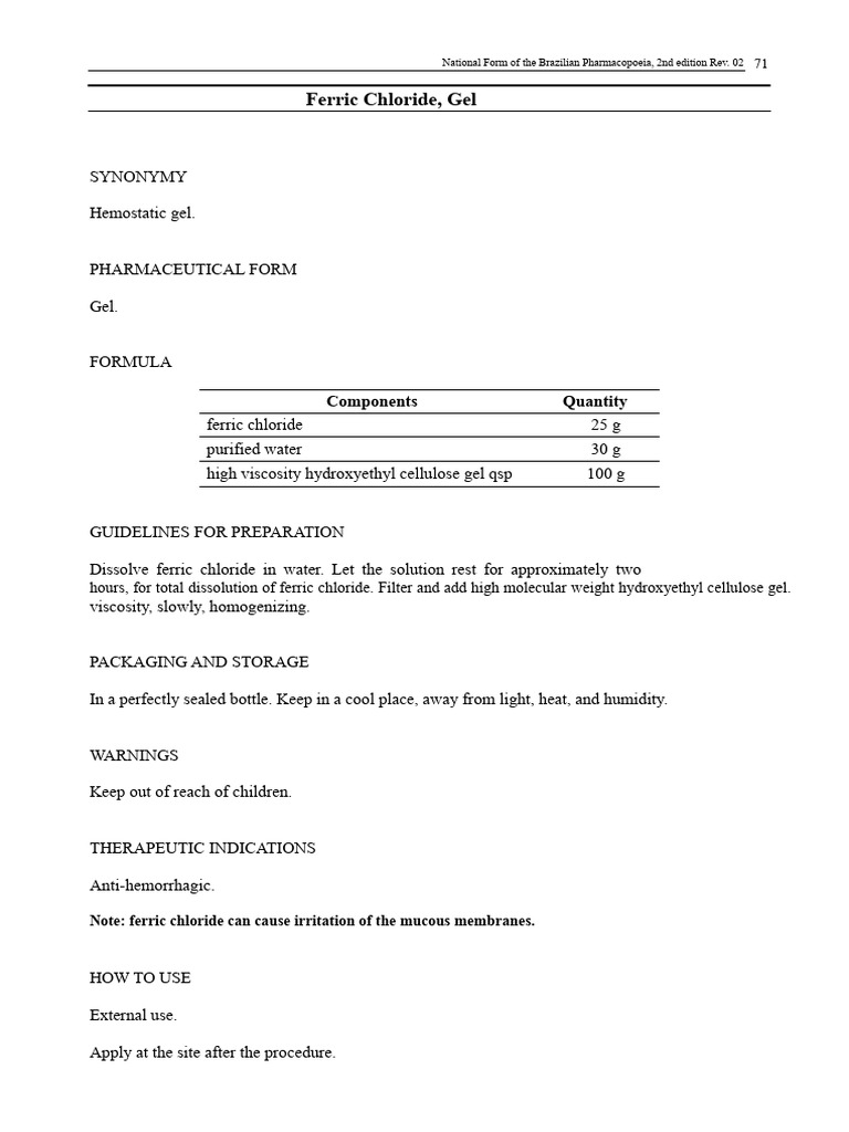 Ferric Chloride Hemostatic Gel Formula | PDF