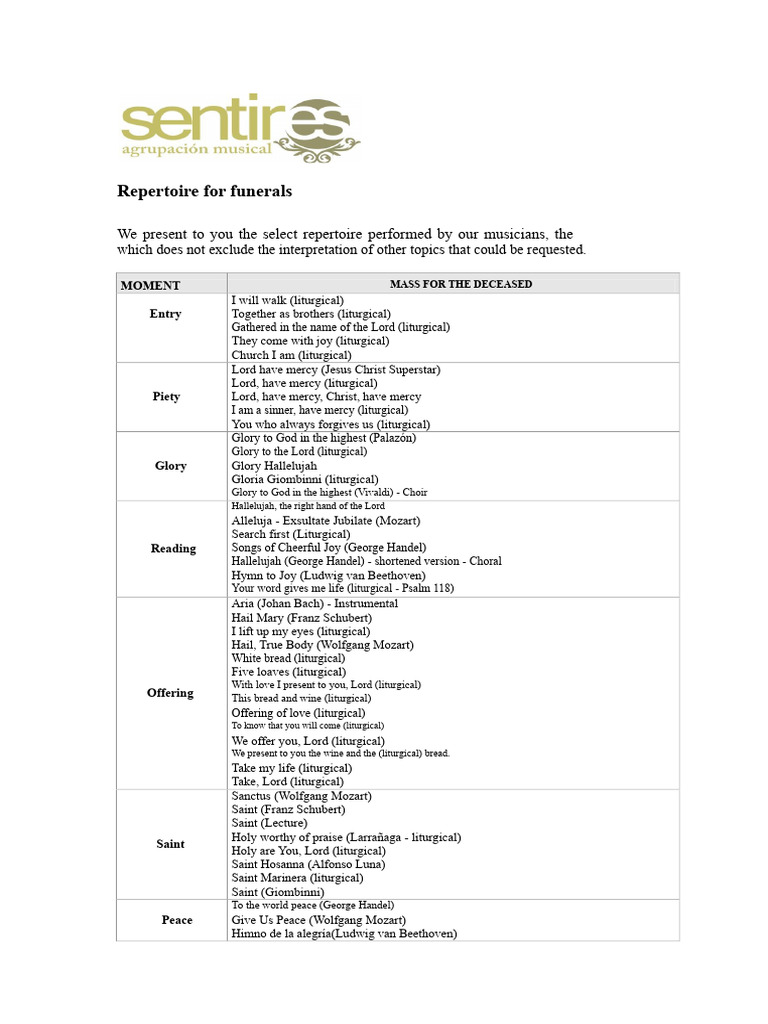 Funeral Music Repertoire Guide | PDF | Johann Sebastian Bach | Choir